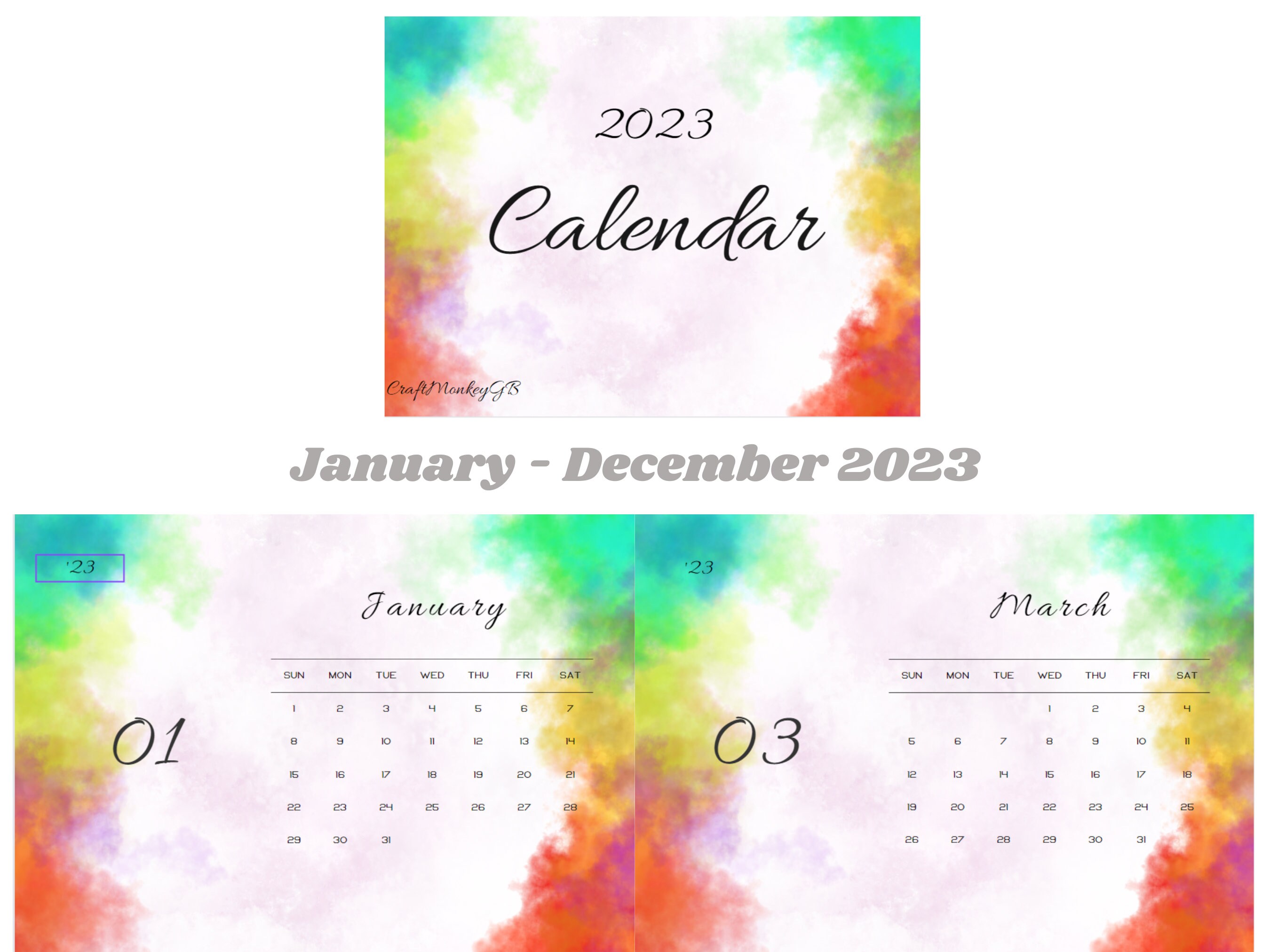 Printable 2023 Calendar Colourful - Etsy