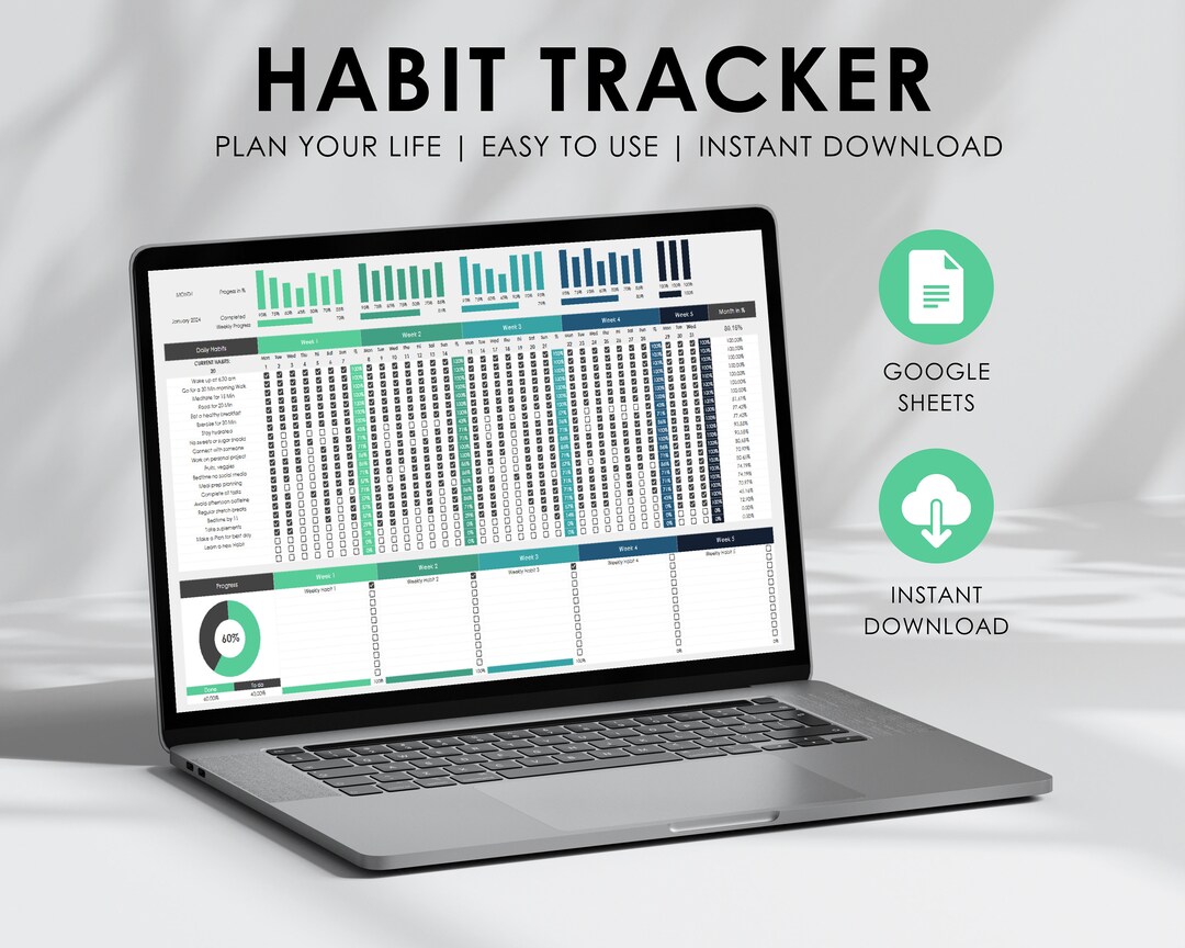 Green Digital Daily Habit Tracker Spreadsheet Template Daily Planner ...