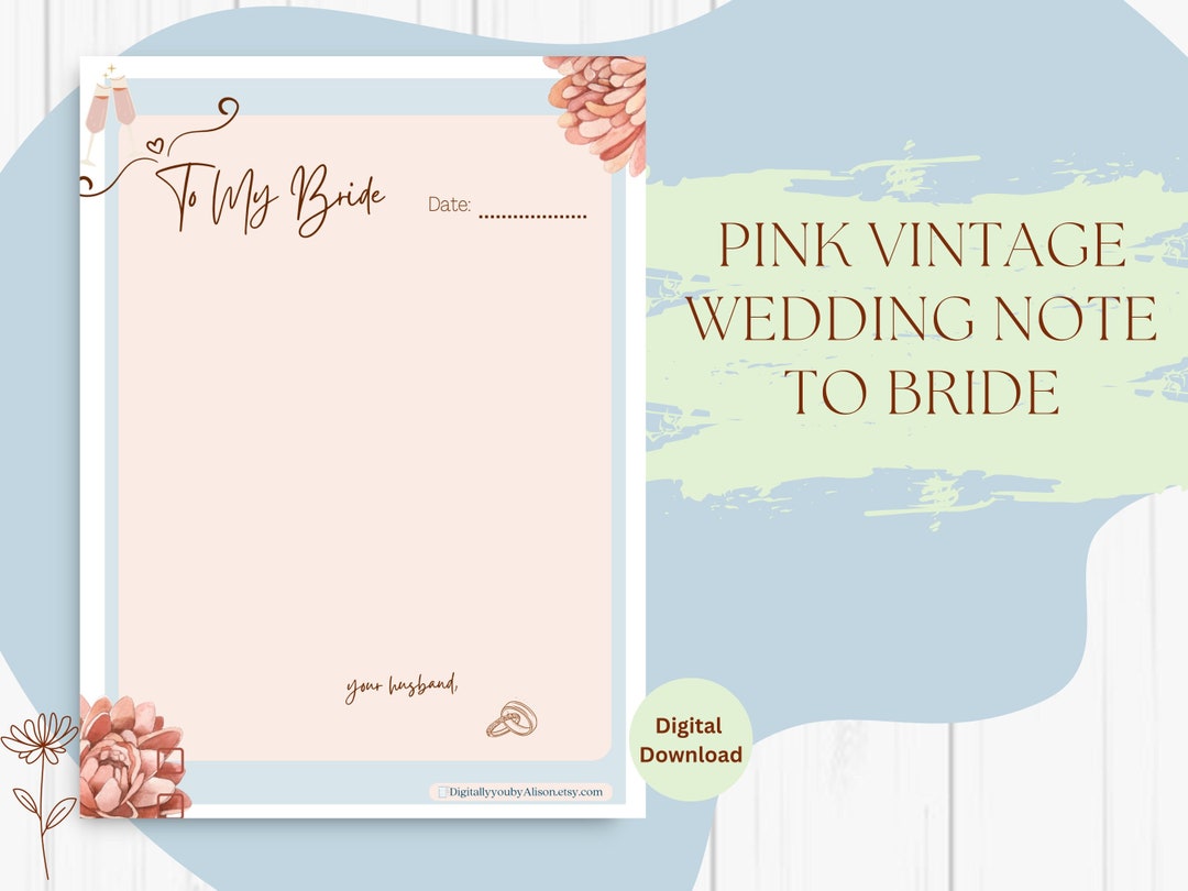 Minimalist Note to Bride, Pink Vintage Wedding Note, Nostalgic Wedding ...
