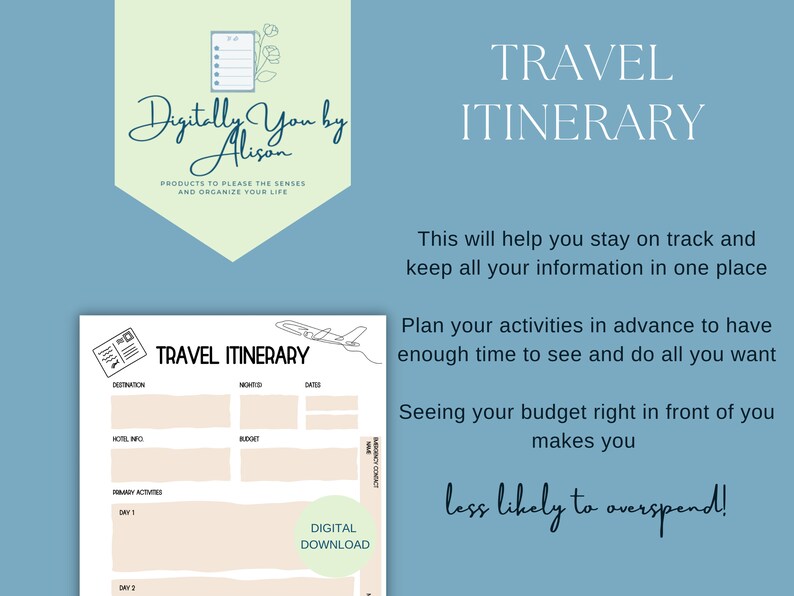 Digital Travel Itinerary, Travel Planner. Travel Organizer, Blue and ...