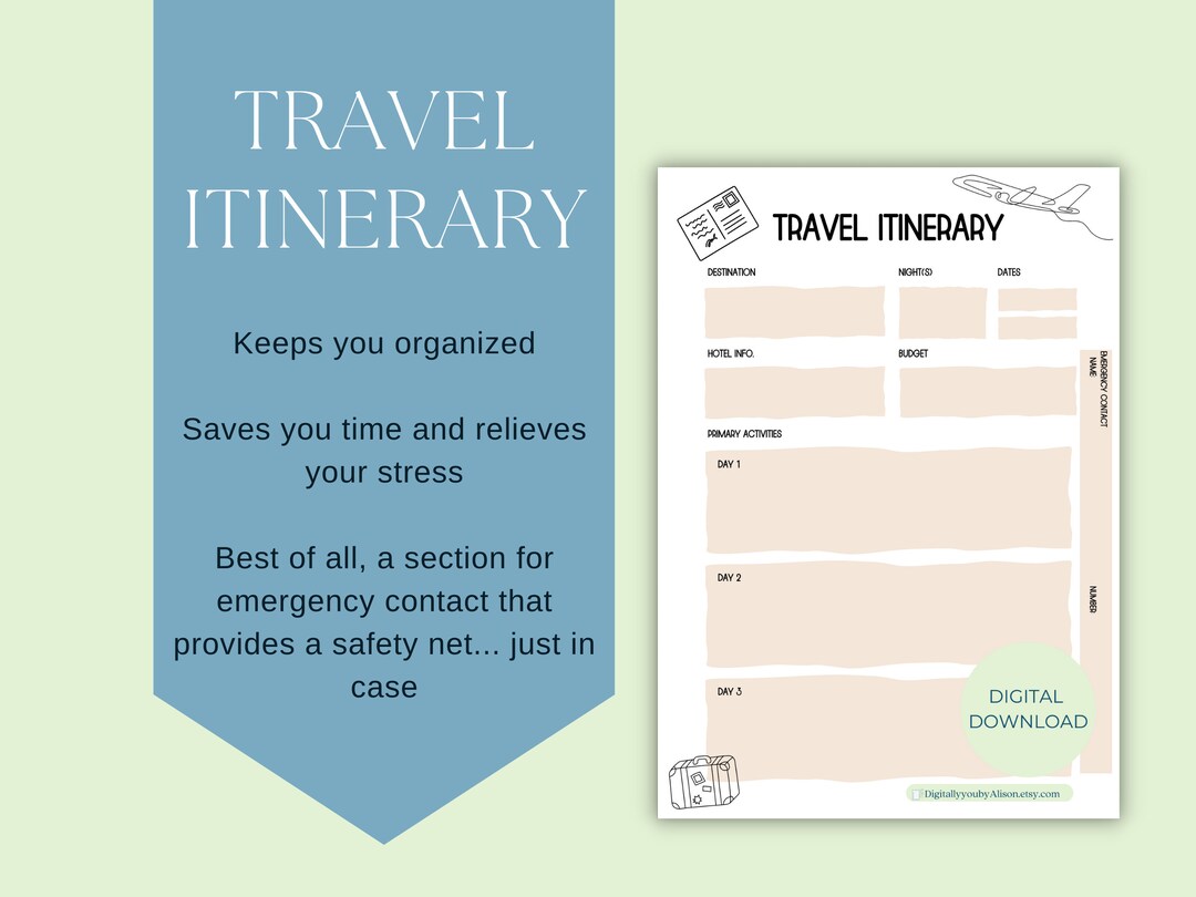 Digital Travel Itinerary, Travel Planner. Travel Organizer, Blue and ...