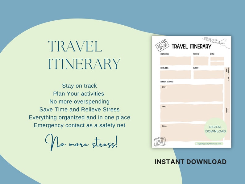 Digital Travel Itinerary, Travel Planner. Travel Organizer, Blue and ...