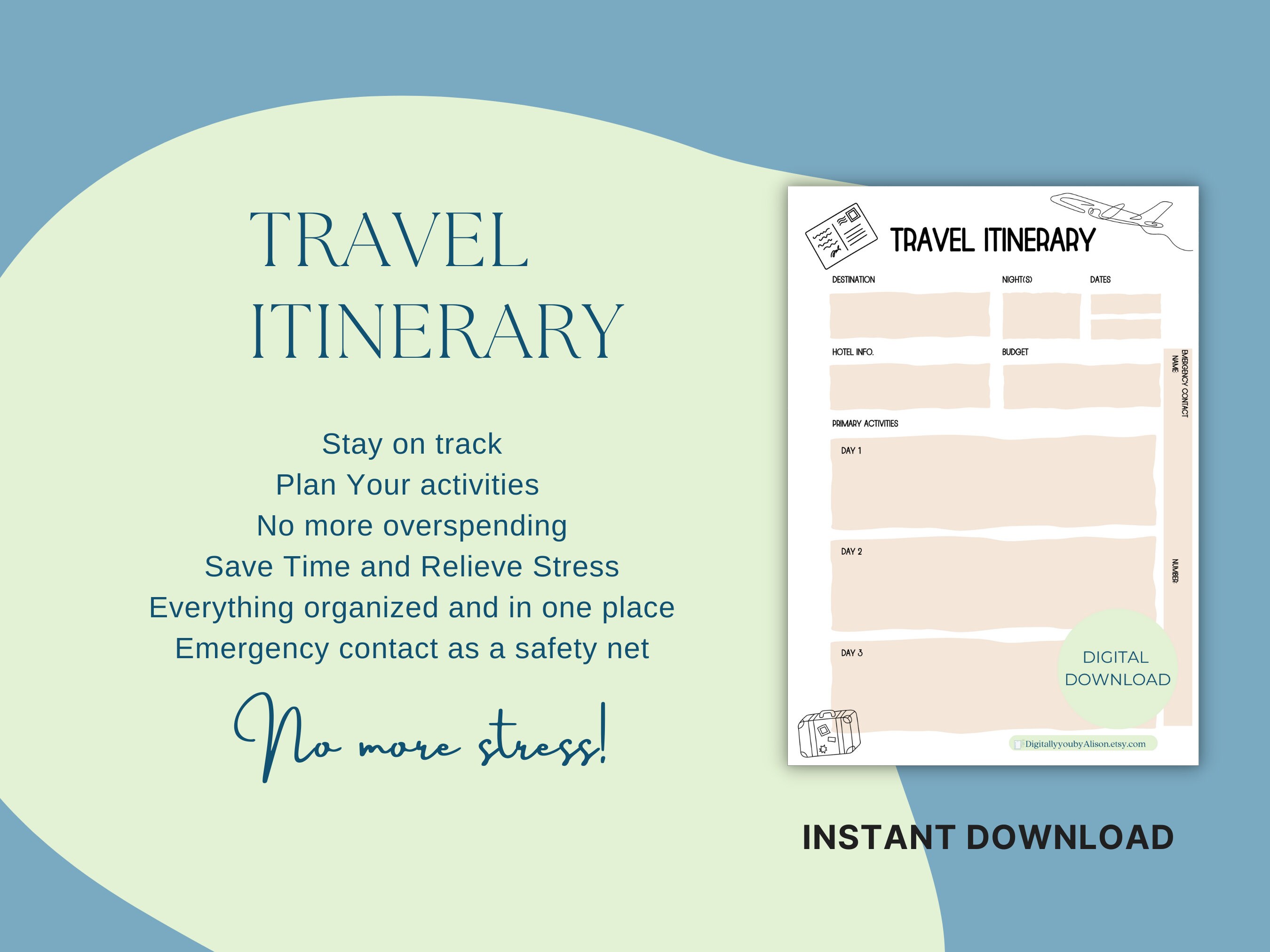 Digital Travel Itinerary Travel Planner Travel Organizer Blue And