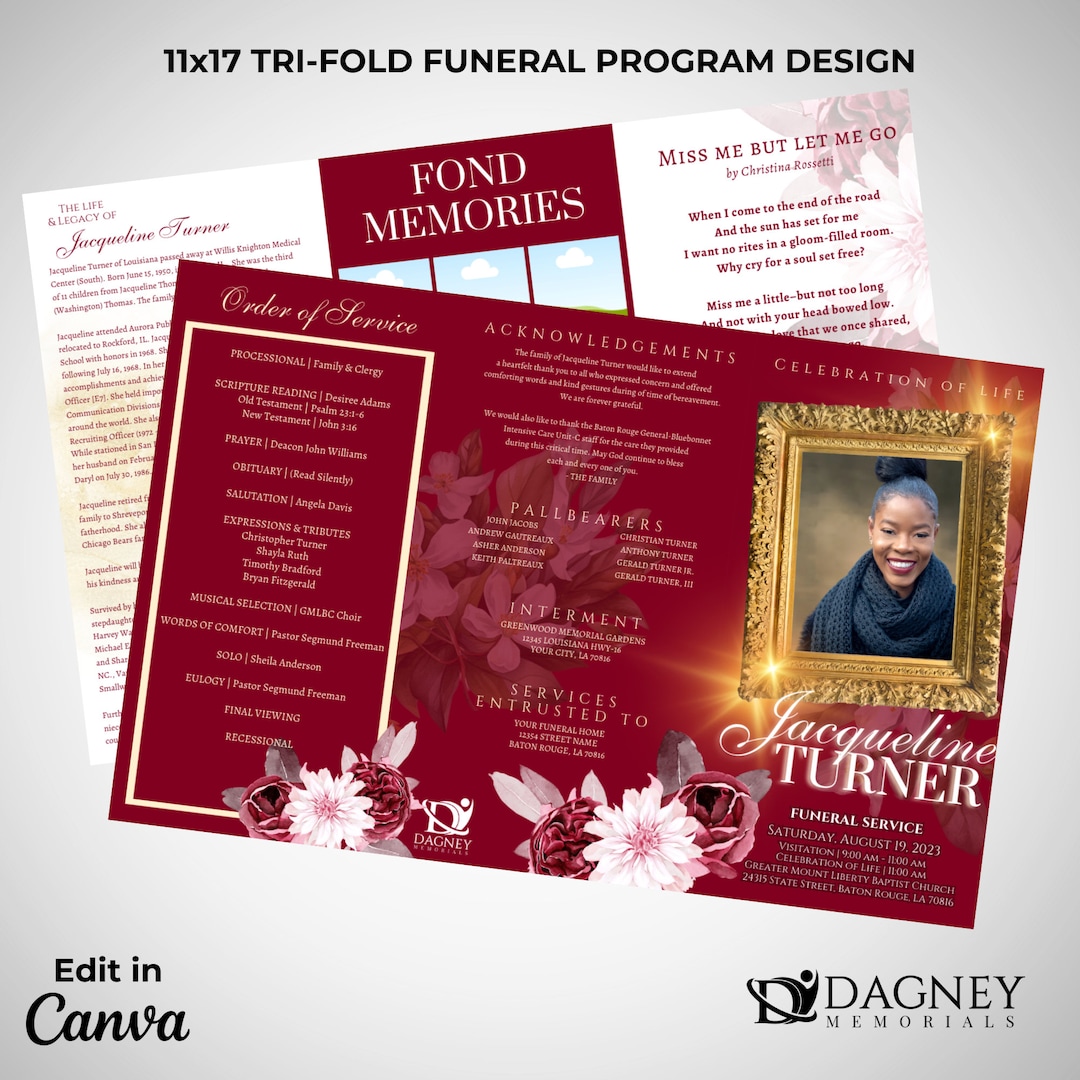 Tri-fold Funeral Program Design | Burgundy and Gold Obituary | Canva ...