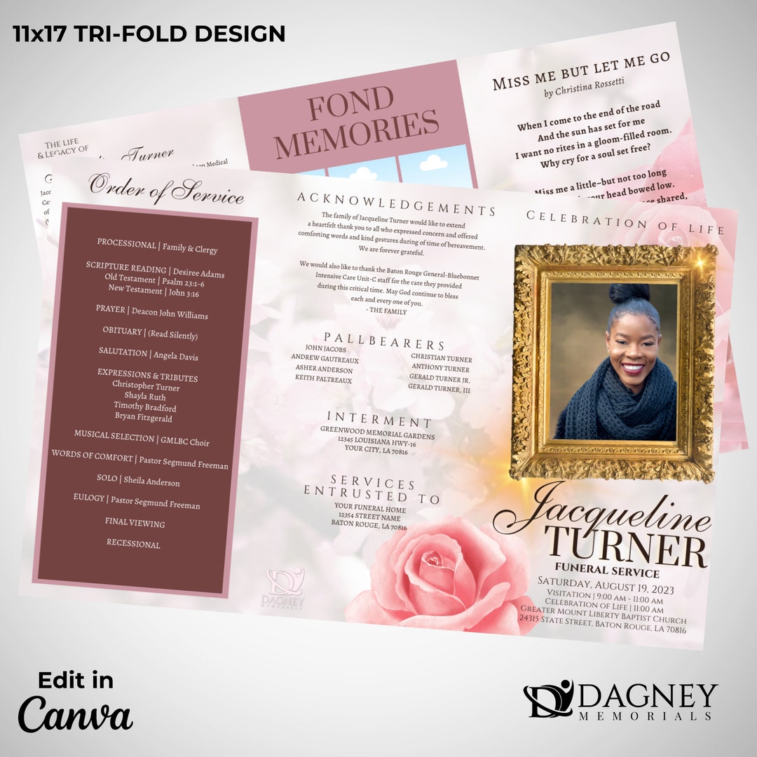4-page Funeral Program Design | Pink and Gold Obituary | Canva Template ...