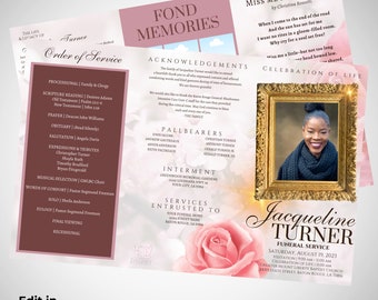 Pink and Gold Funeral Program Template Bi-fold, 4 Page, Editable, 5.5x8 ...