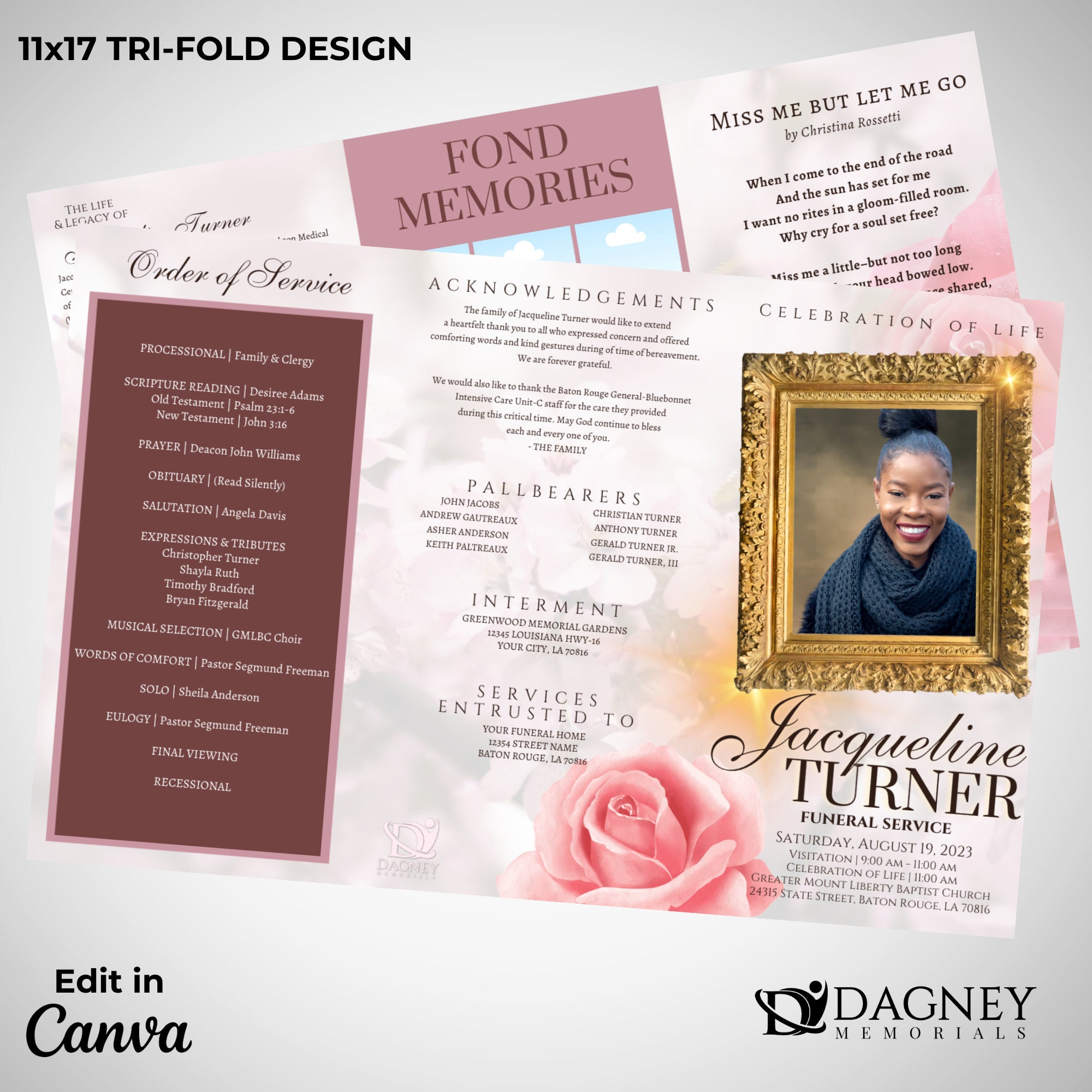 4-page Funeral Program Design | Pink and Gold Obituary | Canva Template ...