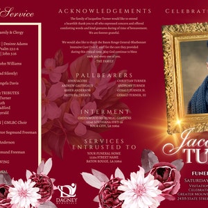 Tri-fold Funeral Program Design | Burgundy and Gold Obituary | Canva ...