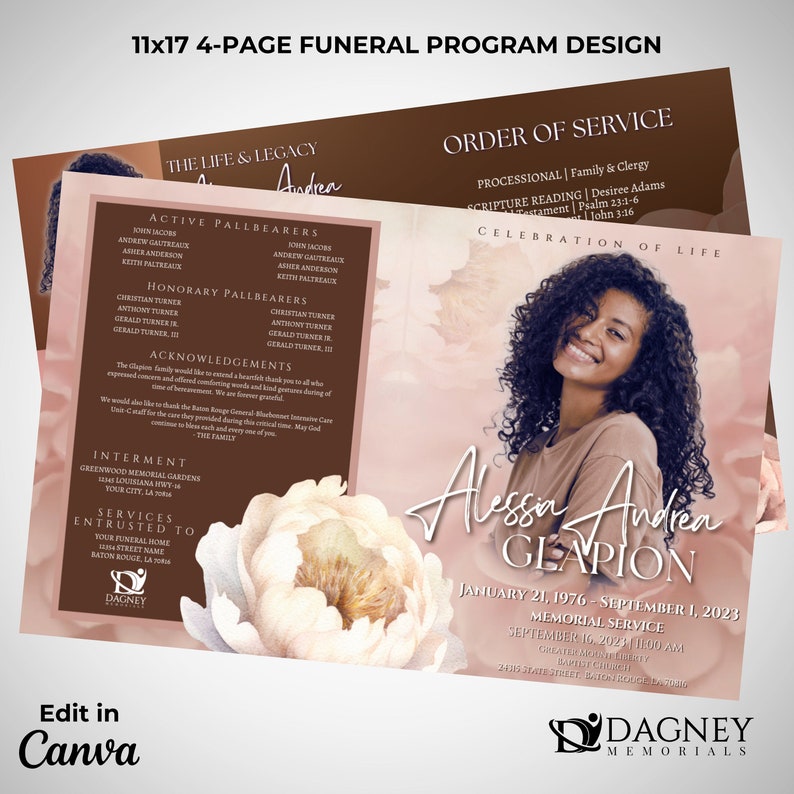4-page Funeral Program Book | Fall Inspired Obituary | Pink & Chocolate ...