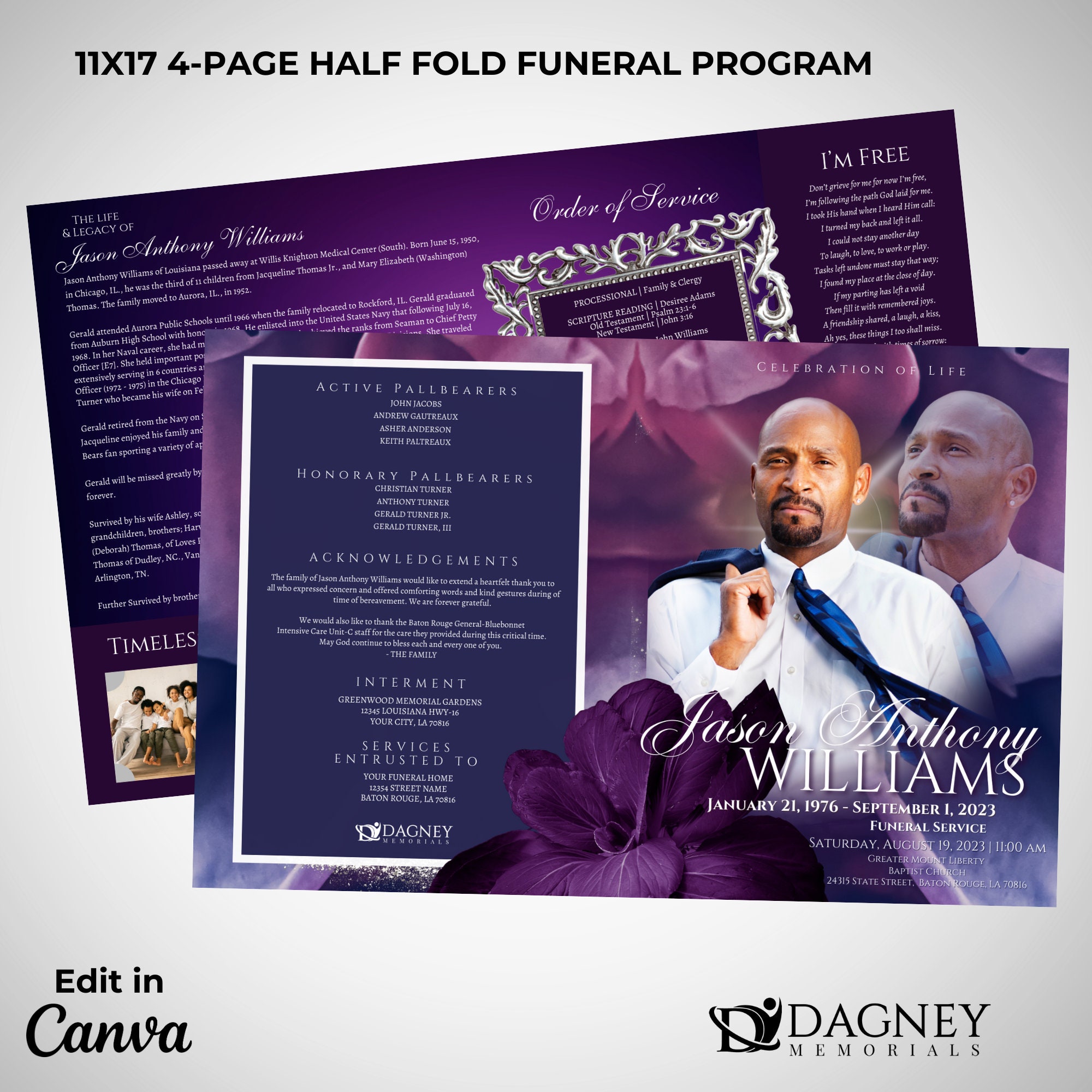 Purple Dignity Funeral Program Template 4 Page Magazine Editable Canva Funeral Program