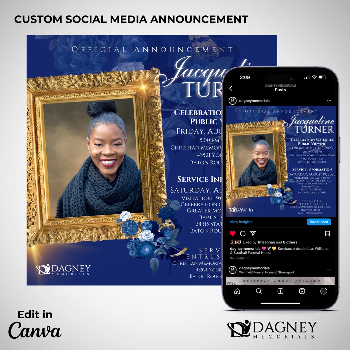 Royal Blue and Gold Funeral Program Template | Funeral Announcement ...