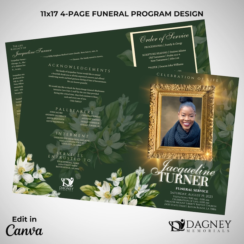 4-page Funeral Program Design | Hunter Green and Gold Obituary | Canva ...