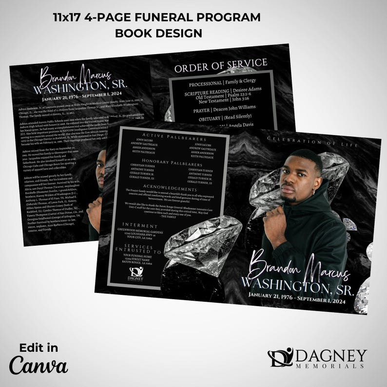 Black and Silver Funeral Program Template | 4-page Magazine | Editable ...