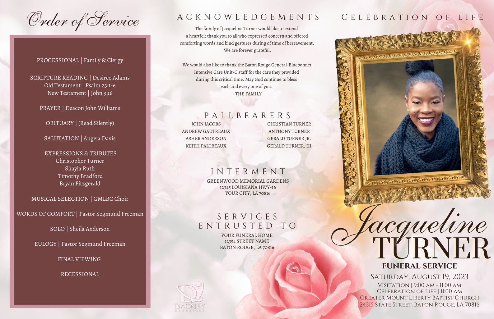 4-page Funeral Program Design | Pink and Gold Obituary | Canva Template ...