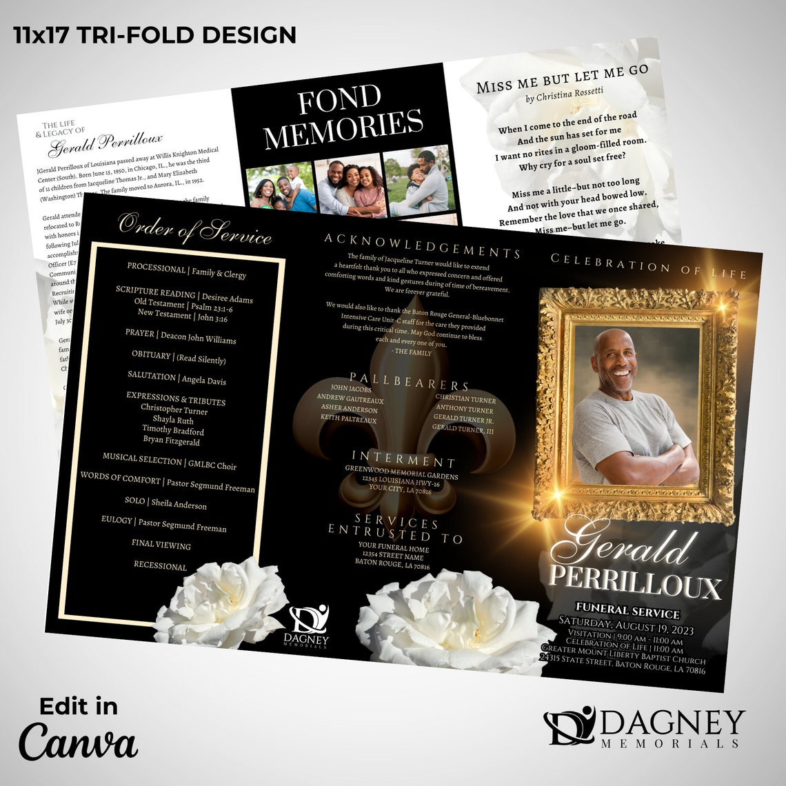 Black & Gold 11x17 Tri-fold Funeral Program | Custom Canva Design ...