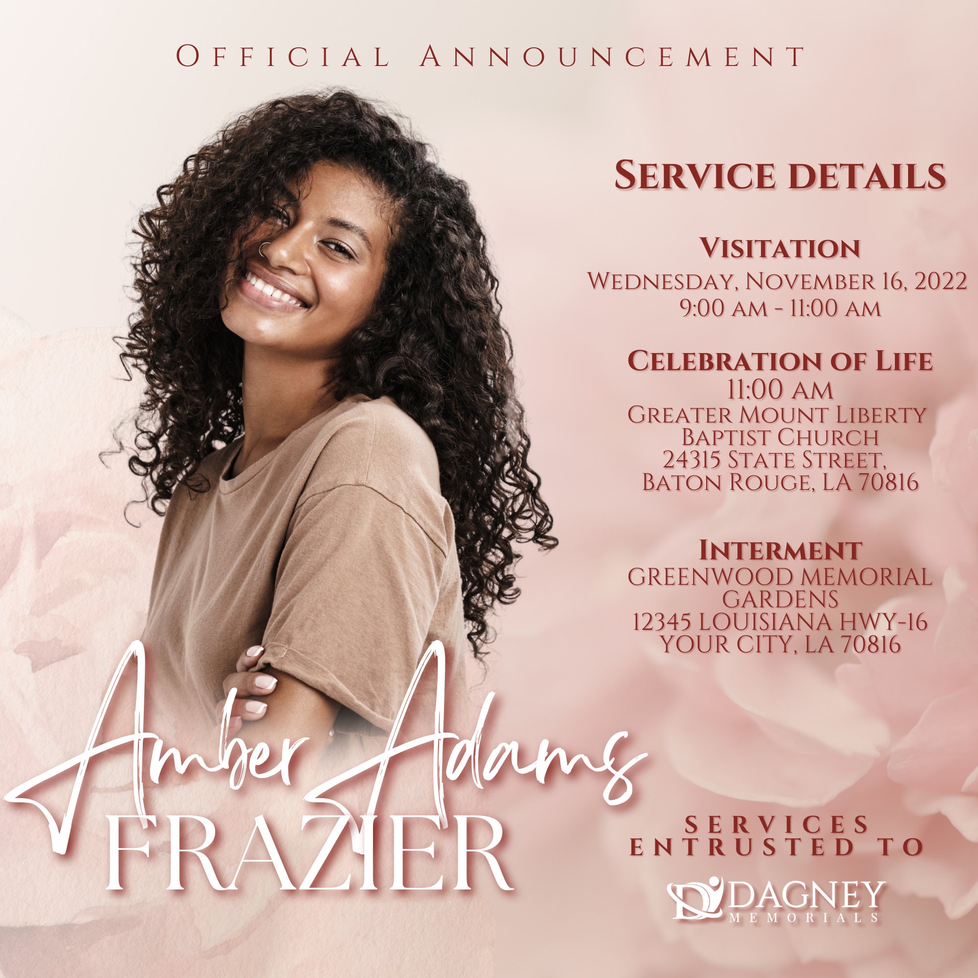 Pink & Chocolate Social Media Funeral Announcement | Fall and Harvest ...
