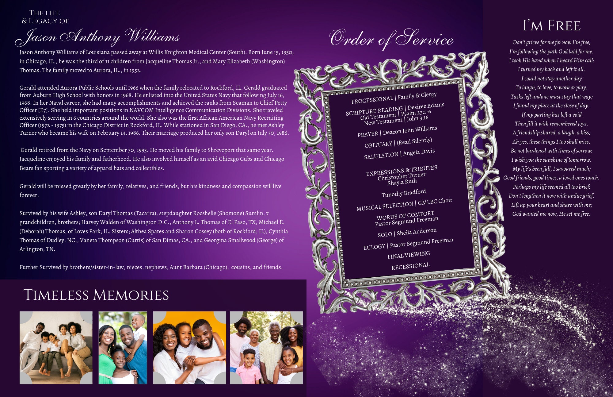 Purple Dignity Funeral Program Template 4 Page Magazine Editable Canva Funeral Program