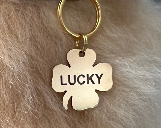 Clover Small Four Leaf Clover Pet Name Tag Dog or Cat ID Tag With Brass ...