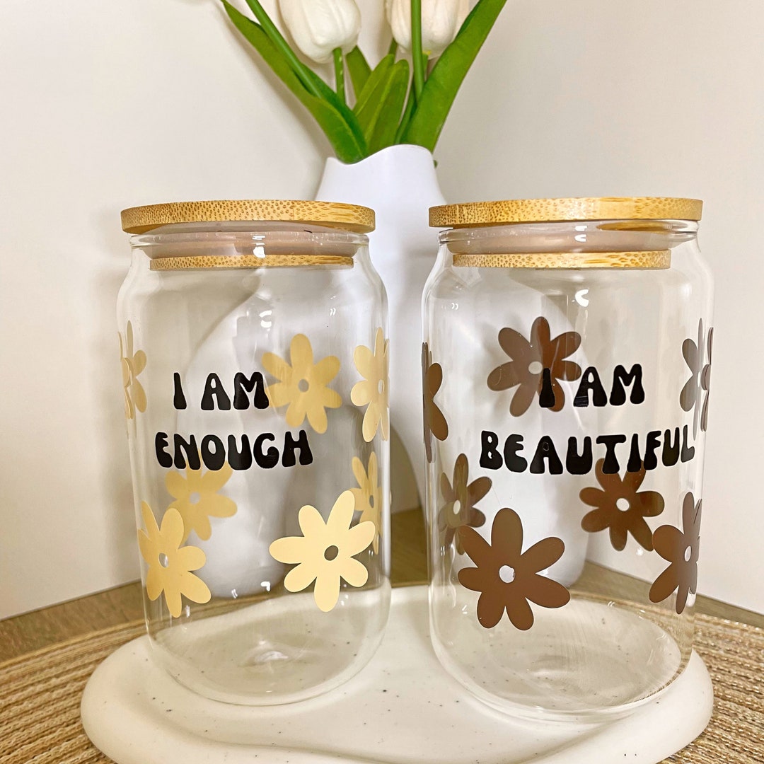 Positive Affirmation Cup, Daisy Flower Self-love Iced Coffee Glass With ...