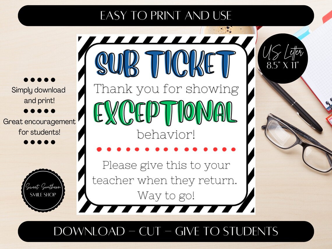 Sub Ticket, Sub Ticket Printable, Parent Communication, Substitute ...