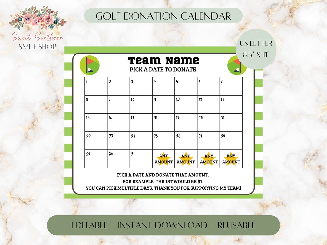 Golf Donation Calendar Printable Editable, Pick a Date to Donate, Golf ...