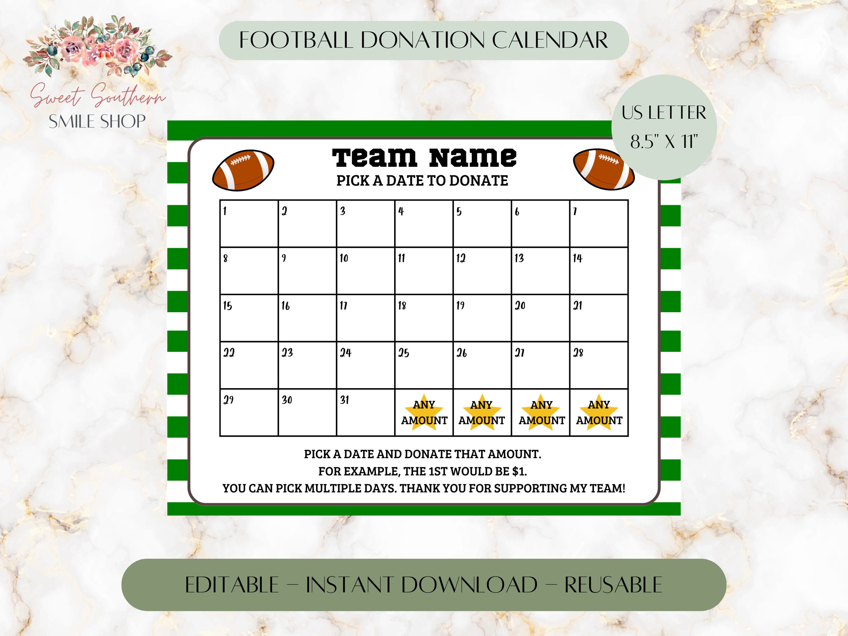 Football Donation Calendar Printable Editable, Pick a Date to Donate ...