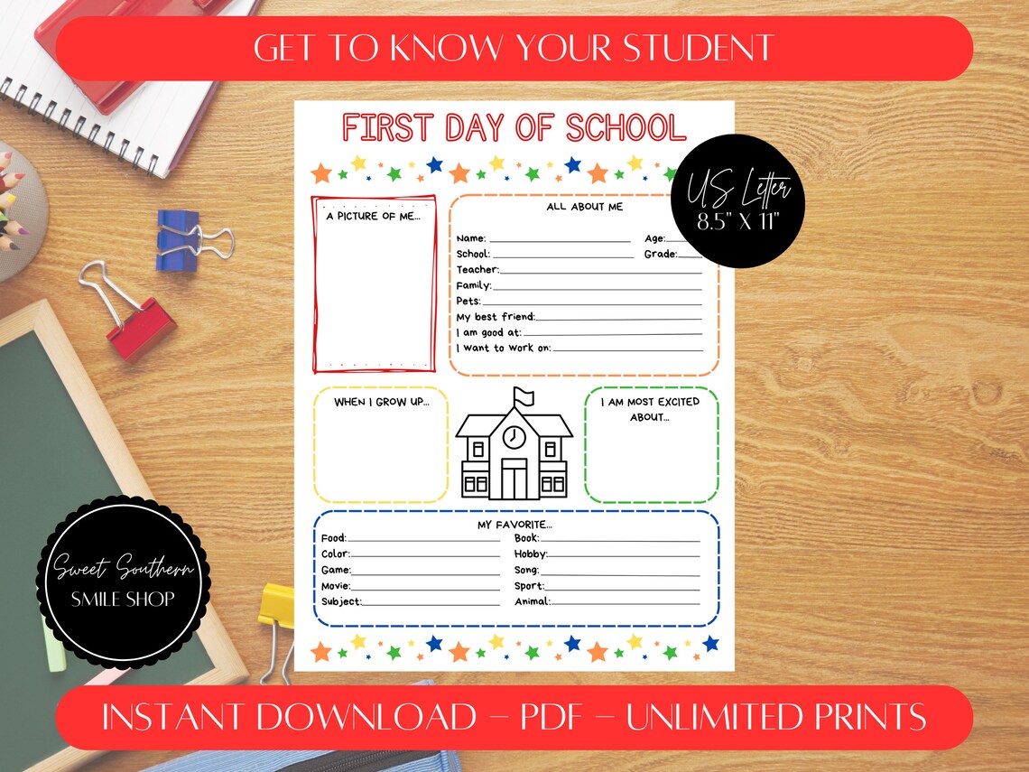 Back to School Printable, All About Me, First Day of School Printable ...