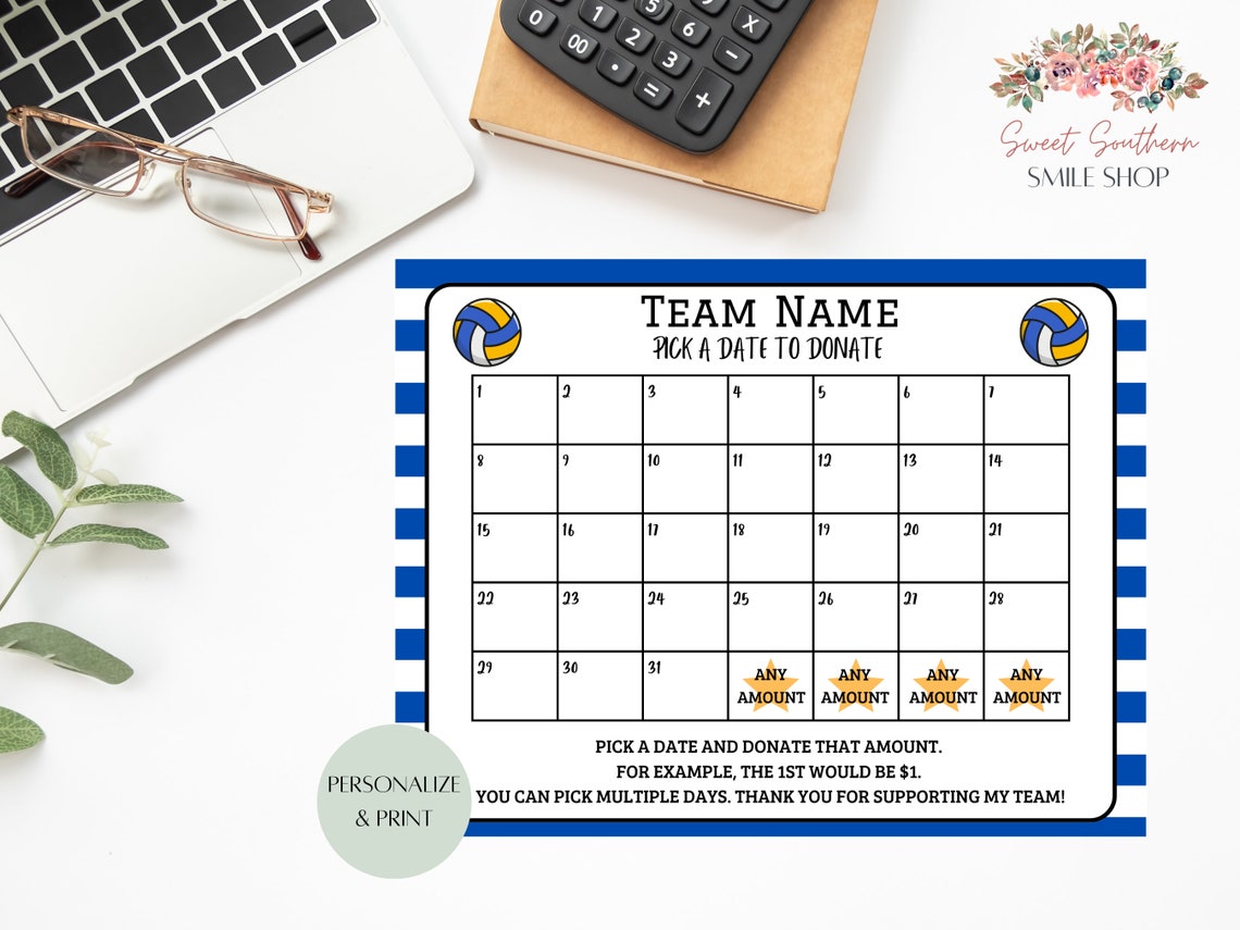 Volleyball Donation Calendar Printable: Editable Fundraiser Template ...