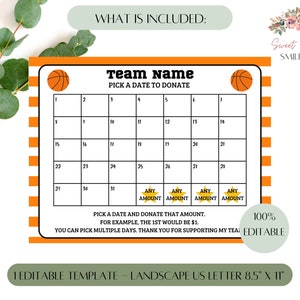 Basketball Donation Calendar Printable Editable, Pick a Date to Donate ...