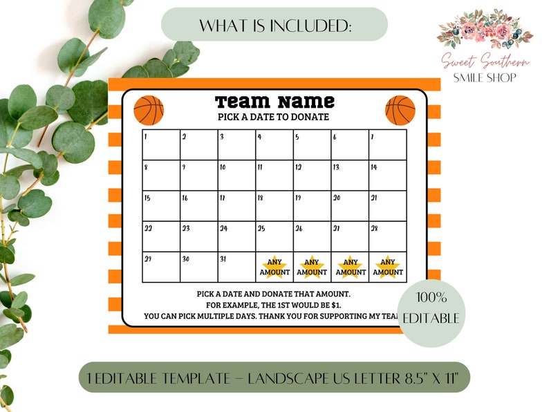 Basketball Donation Calendar Printable Editable, Pick a Date to Donate ...