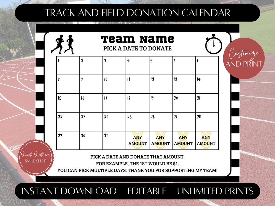 Track & Field Donation Calendar: Editable Template (digital Download ...