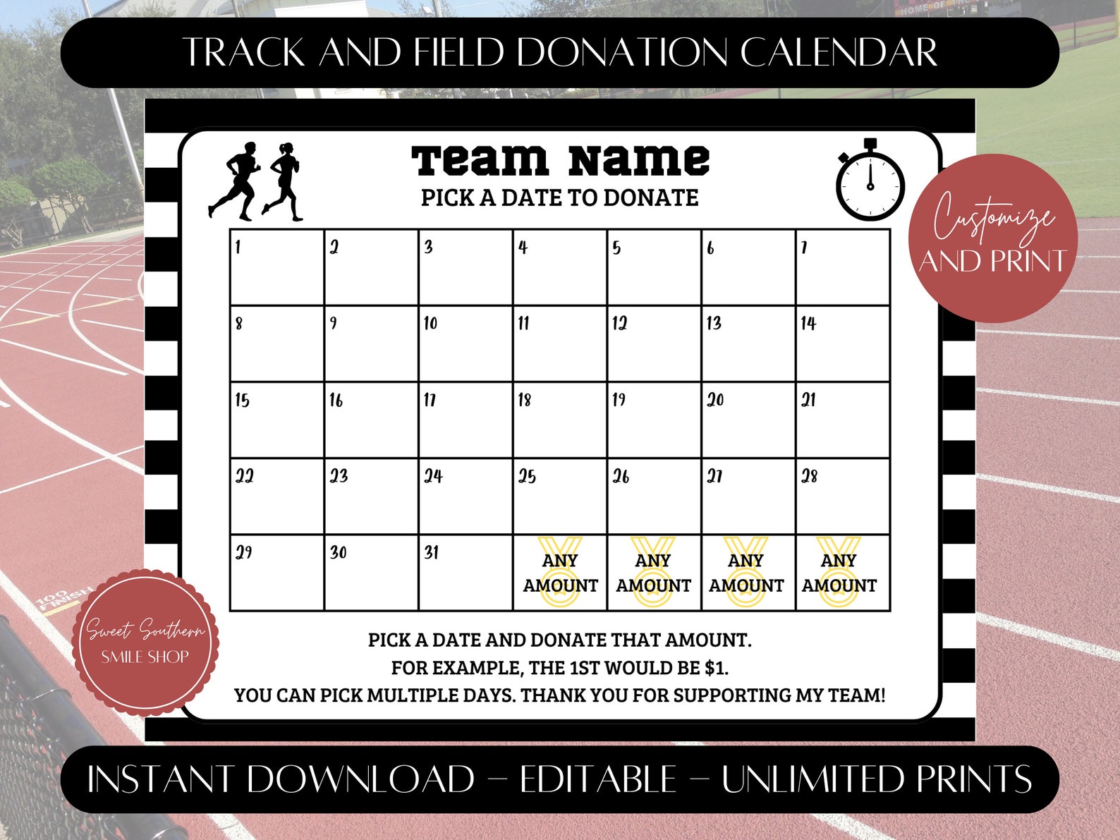 Track Donation Calendar, Track Printable, Track and Field Donations ...