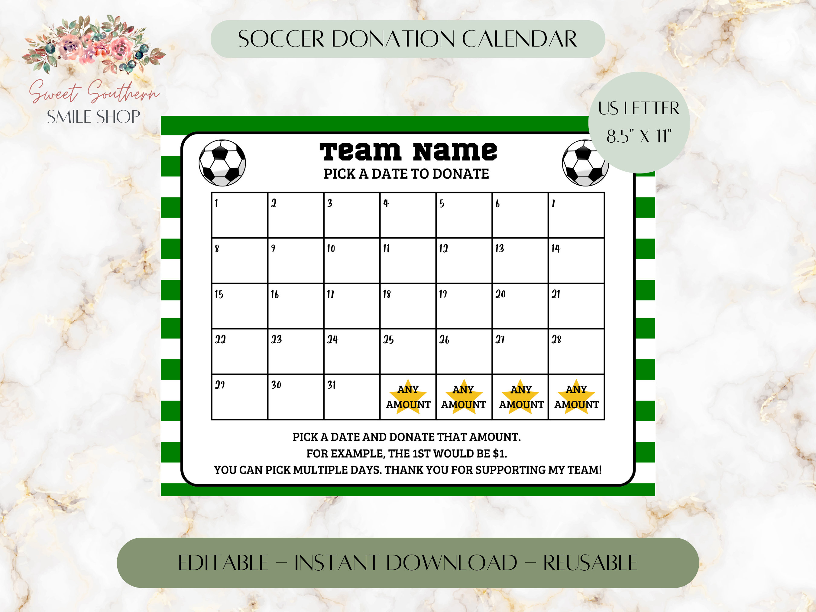 Soccer Donation Calendar Printable Editable, Pick a Date to Donate ...