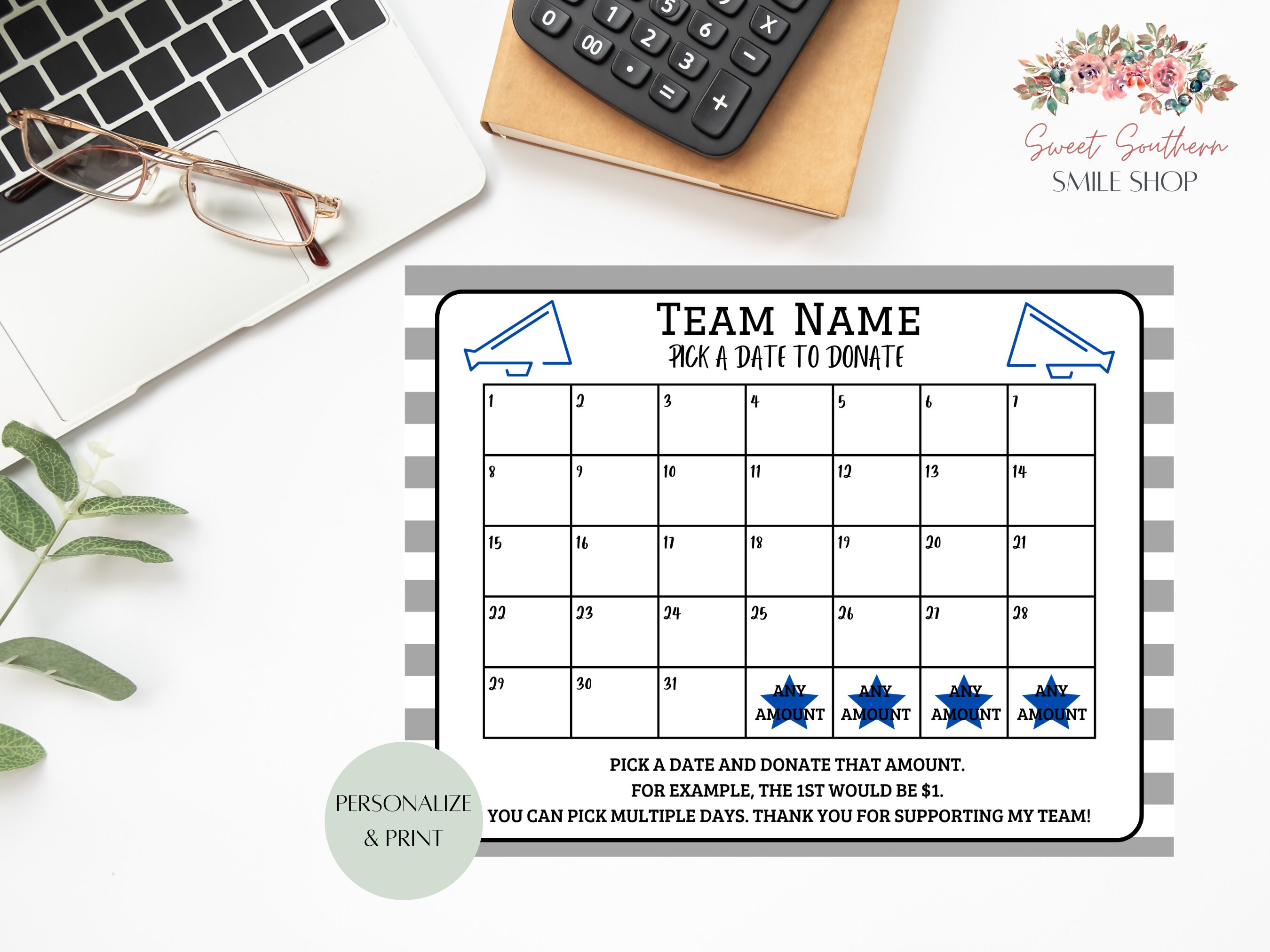 Cheerleading Donation Calendar, Printable Calendar, Pick a Date to ...