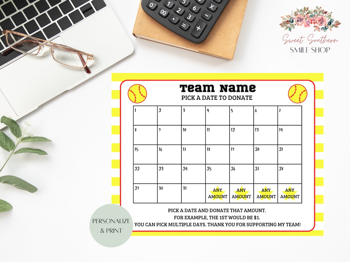 Softball Donation Calendar Printable Editable, Pick a Date to Donate ...