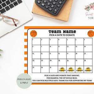 Basketball Fundraiser Calendar: Editable Donation Template (digital ...