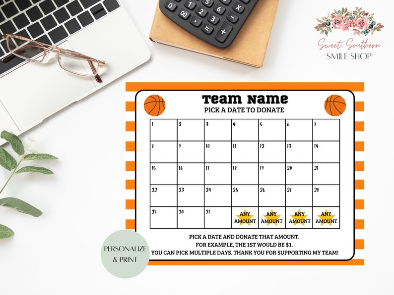 Basketball Donation Calendar Printable Editable, Pick a Date to Donate ...
