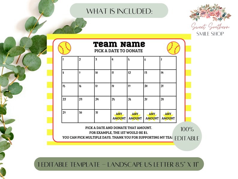 Softball Donation Calendar Printable Editable, Pick a Date to Donate ...