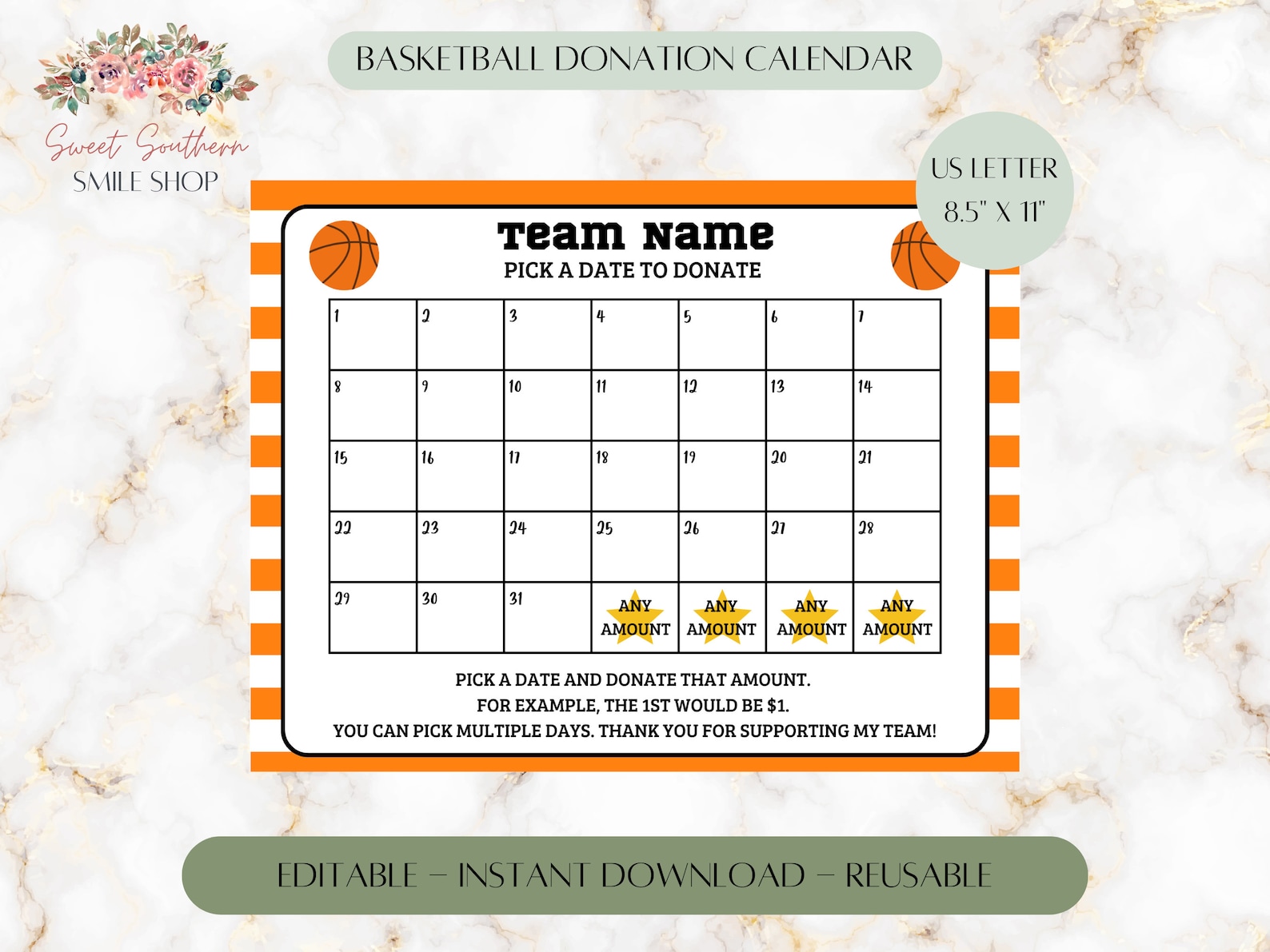 Basketball Donation Calendar Printable Editable, Pick a Date to Donate ...