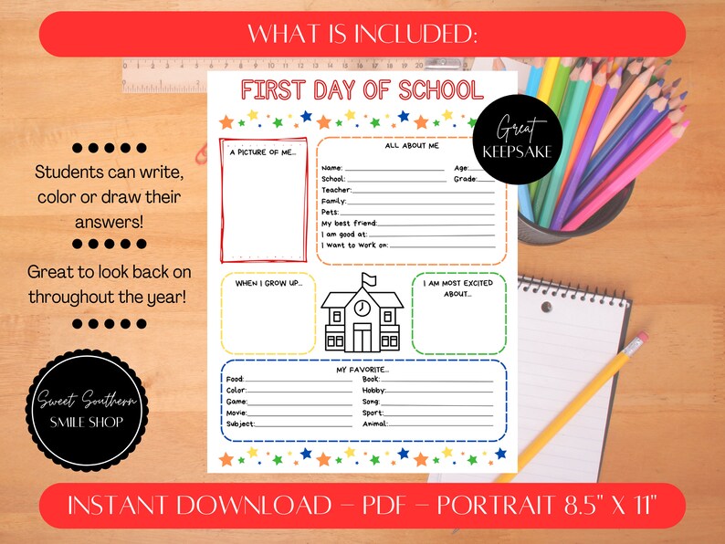 Back to School Printable, All About Me, First Day of School Printable ...