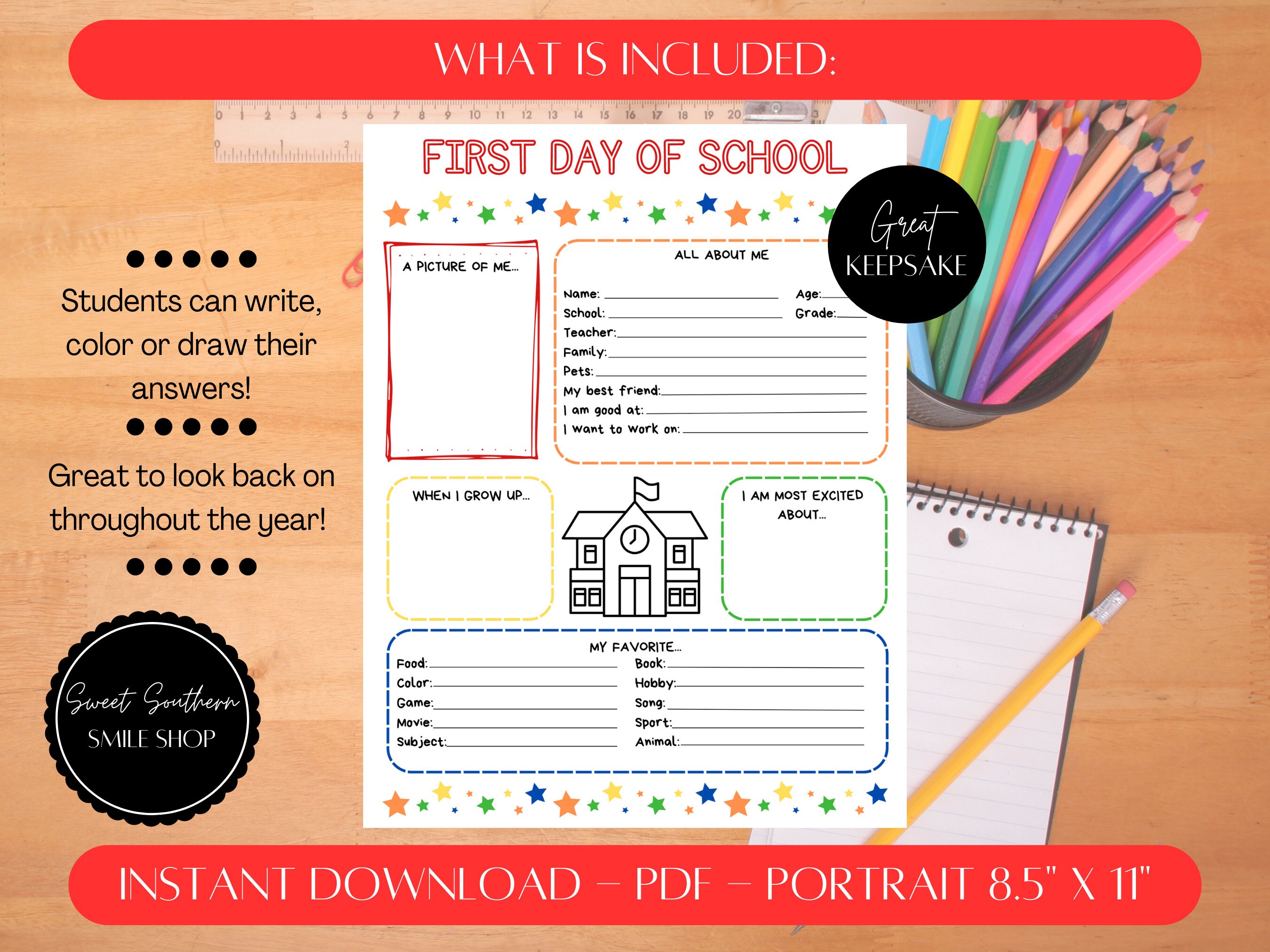 Back to School Printable, All About Me, First Day of School Printable ...