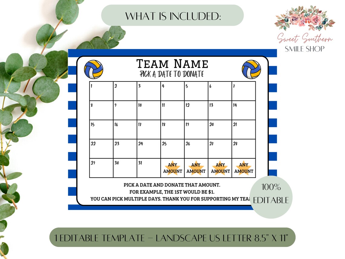 Volleyball Donation Calendar Printable: Editable Fundraiser Template ...