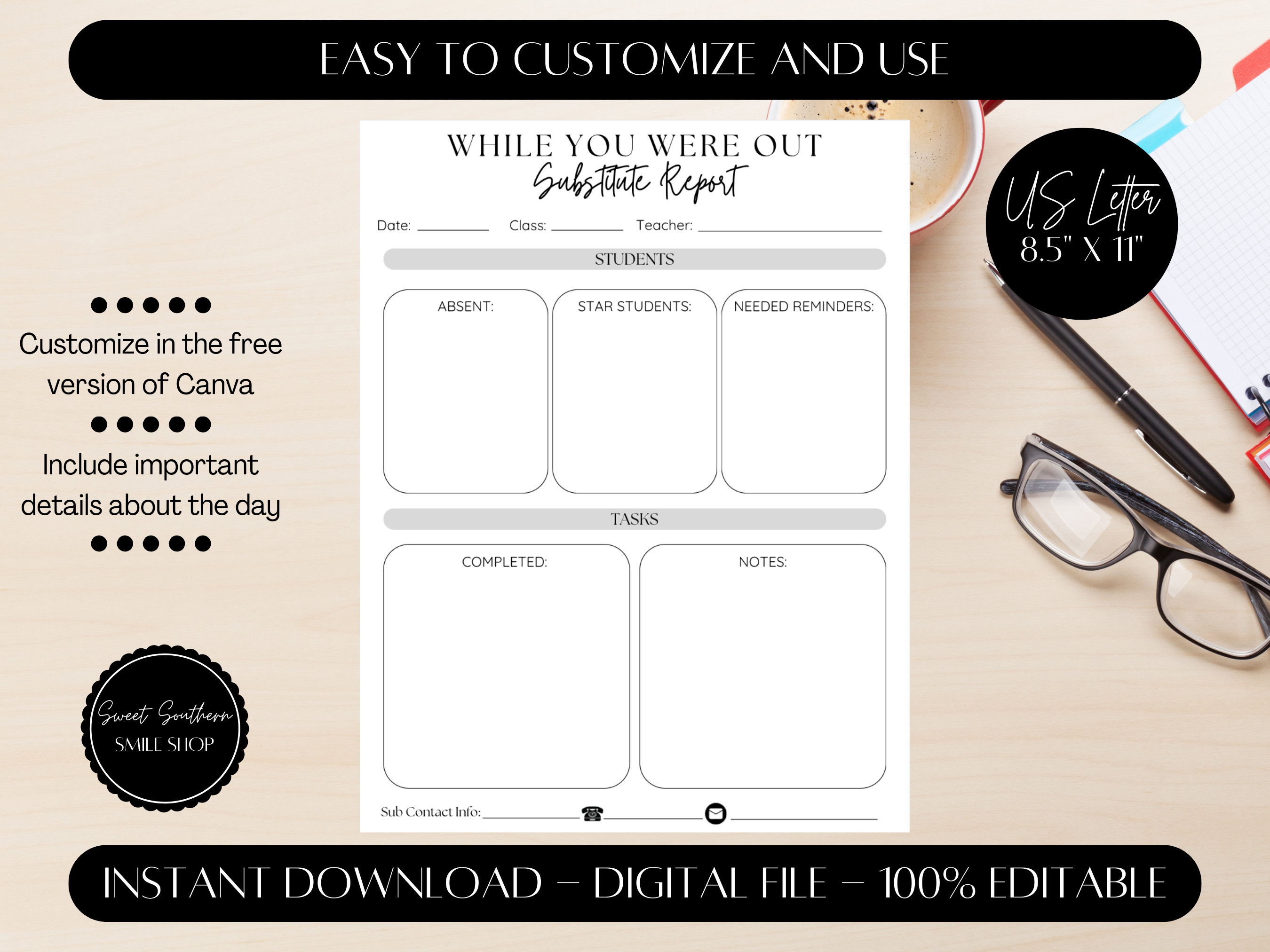 Substitute Teacher Report Printable, Substitute Report, Substitute ...