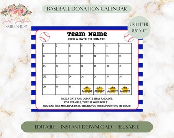 Baseball Calendar Fundraiser, Pick a Date to Donate Printable, Baseball ...