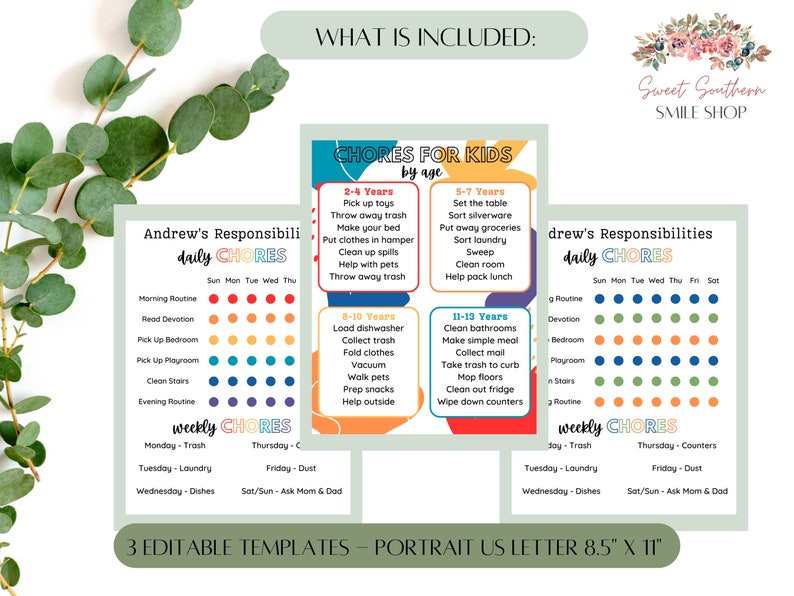 Chore Chart for Kids, Editable, Instant Download, Chore Chart and ...