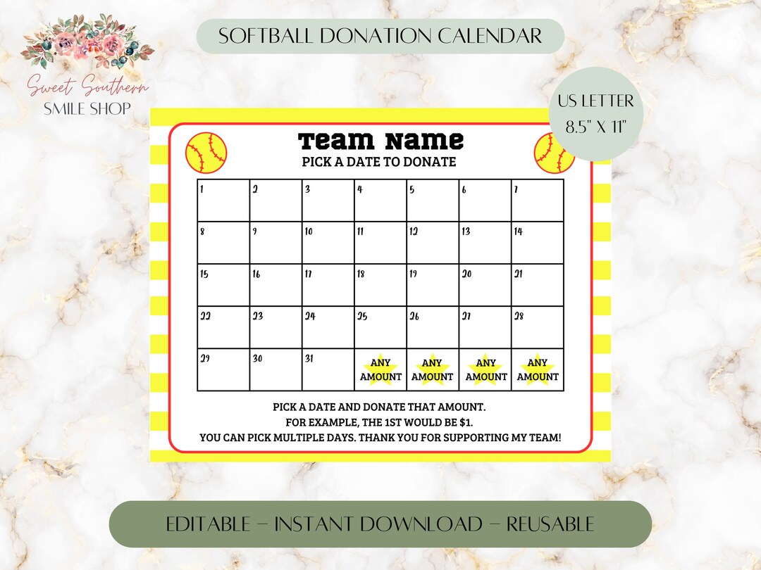Softball Donation Calendar Printable Editable, Pick a Date to Donate ...