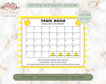 Softball Calendar Fundraiser, Pick a Date to Donate Printable, Softball ...