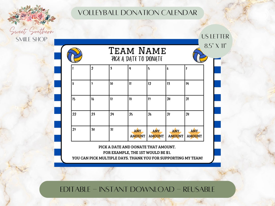 Volleyball Donation Calendar Printable: Editable Fundraiser Template ...