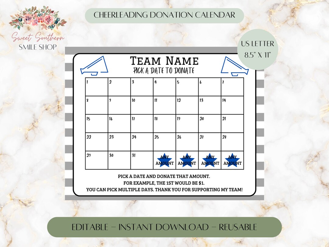 Cheerleading Donation Calendar, Printable Calendar, Pick a Date to ...
