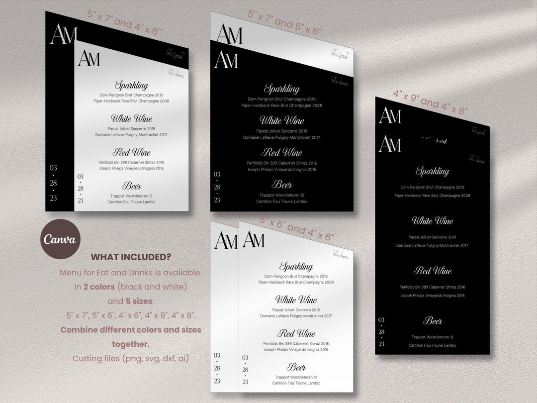 Wedding Menu Black and White Menu Card Modern 15-degree Menu Modern ...
